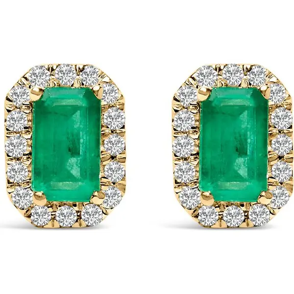 HAUS OF BRILLIANCE 10k Gold Gemstone And Diamond Halo Stud Earrings - Green Emerald | Yellow